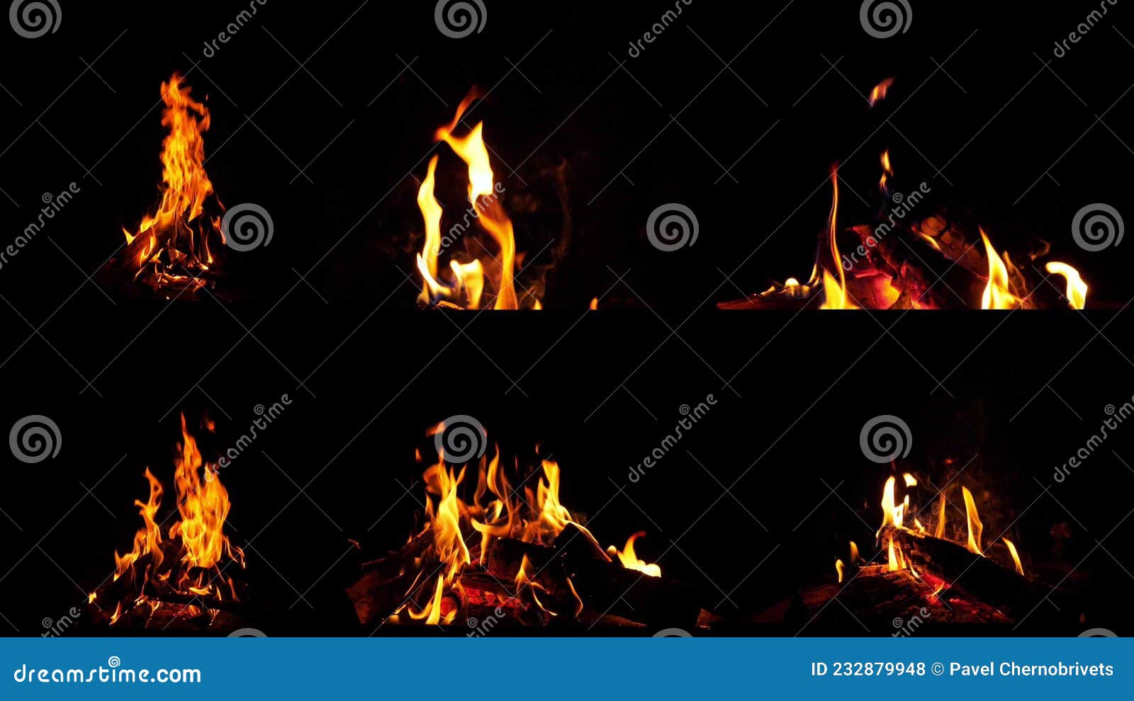 Set of Different Scenes with Fire at Bonfire in the Dark Stock Footage ...