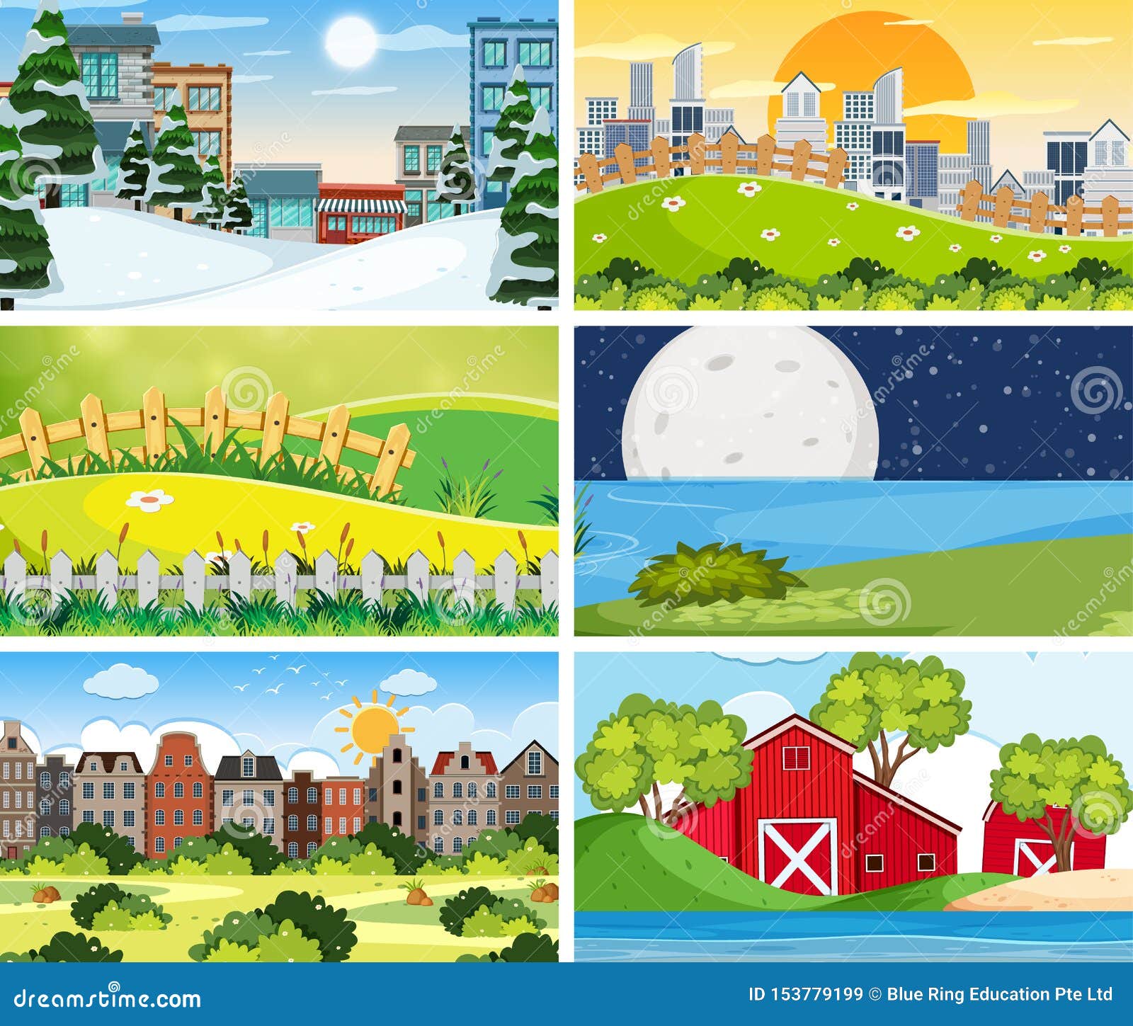 Set of different scenes stock vector. Illustration of buildings - 153779199