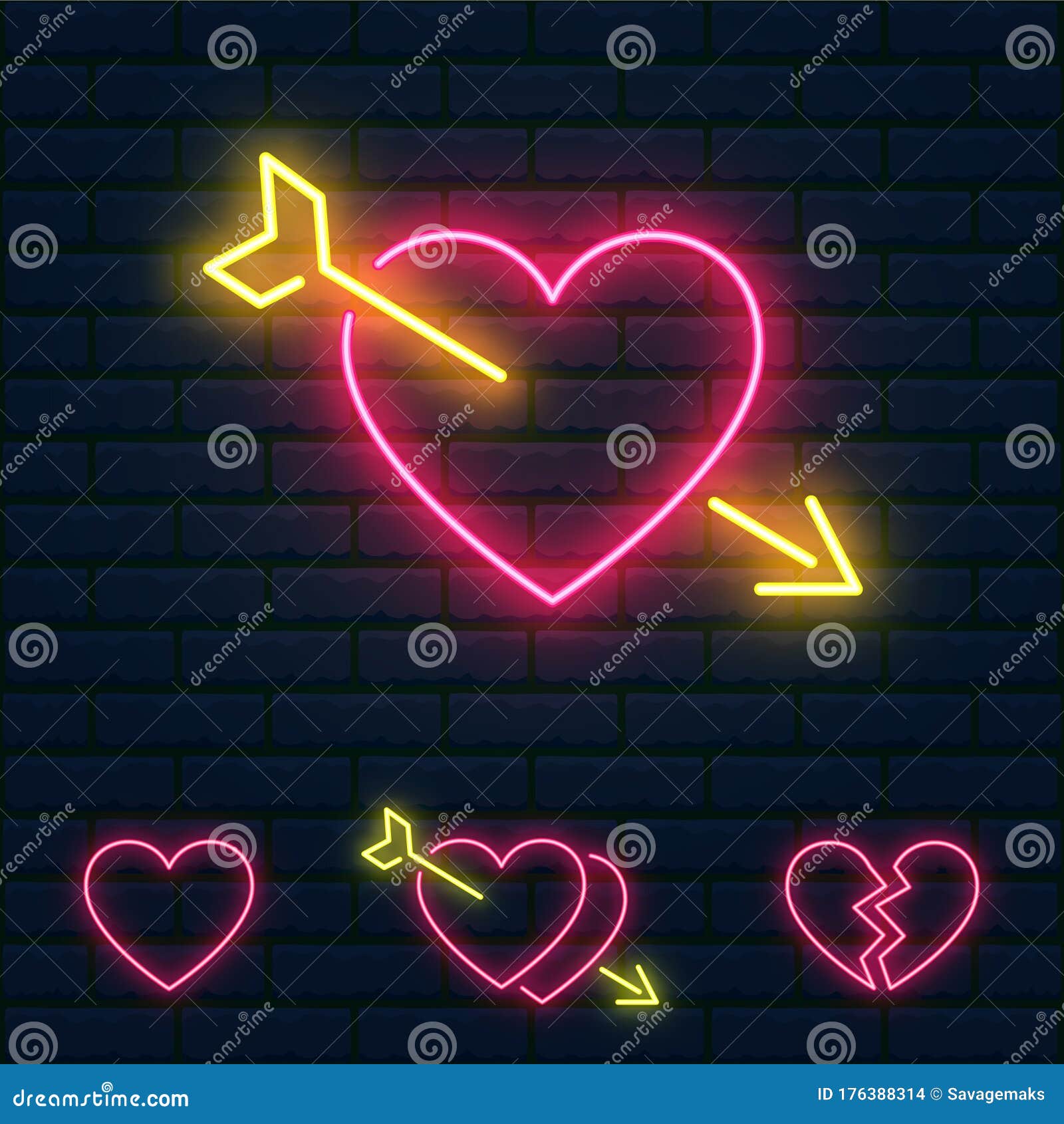 Set of Different Shining Neon Hearts with Flash on a Brickwall ...