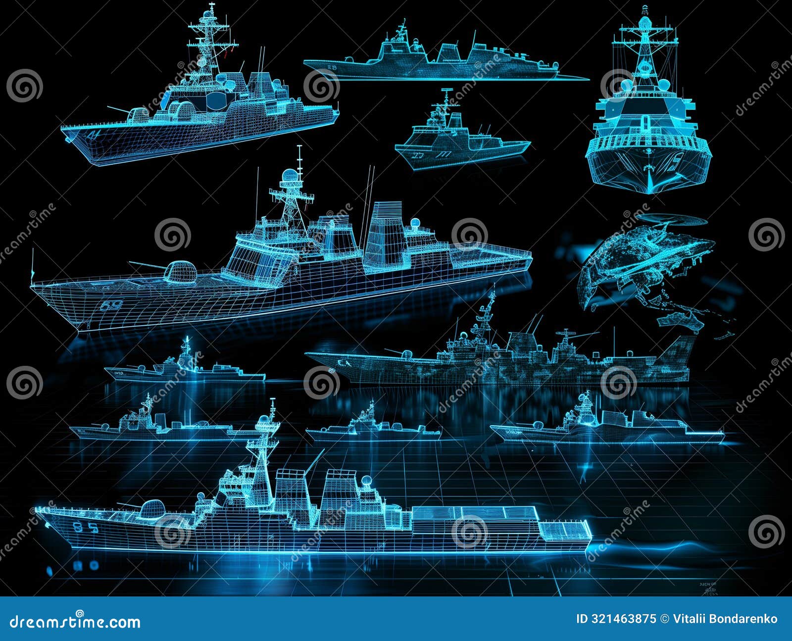 Set of Different Ships on the Background of a Blue Matrix. 3d Rendering ...