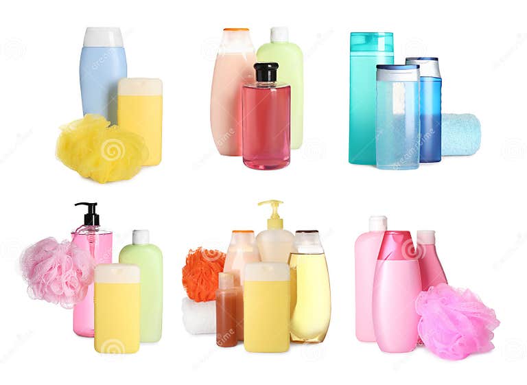 Set with Different Shower Gels on White Background Stock Illustration ...