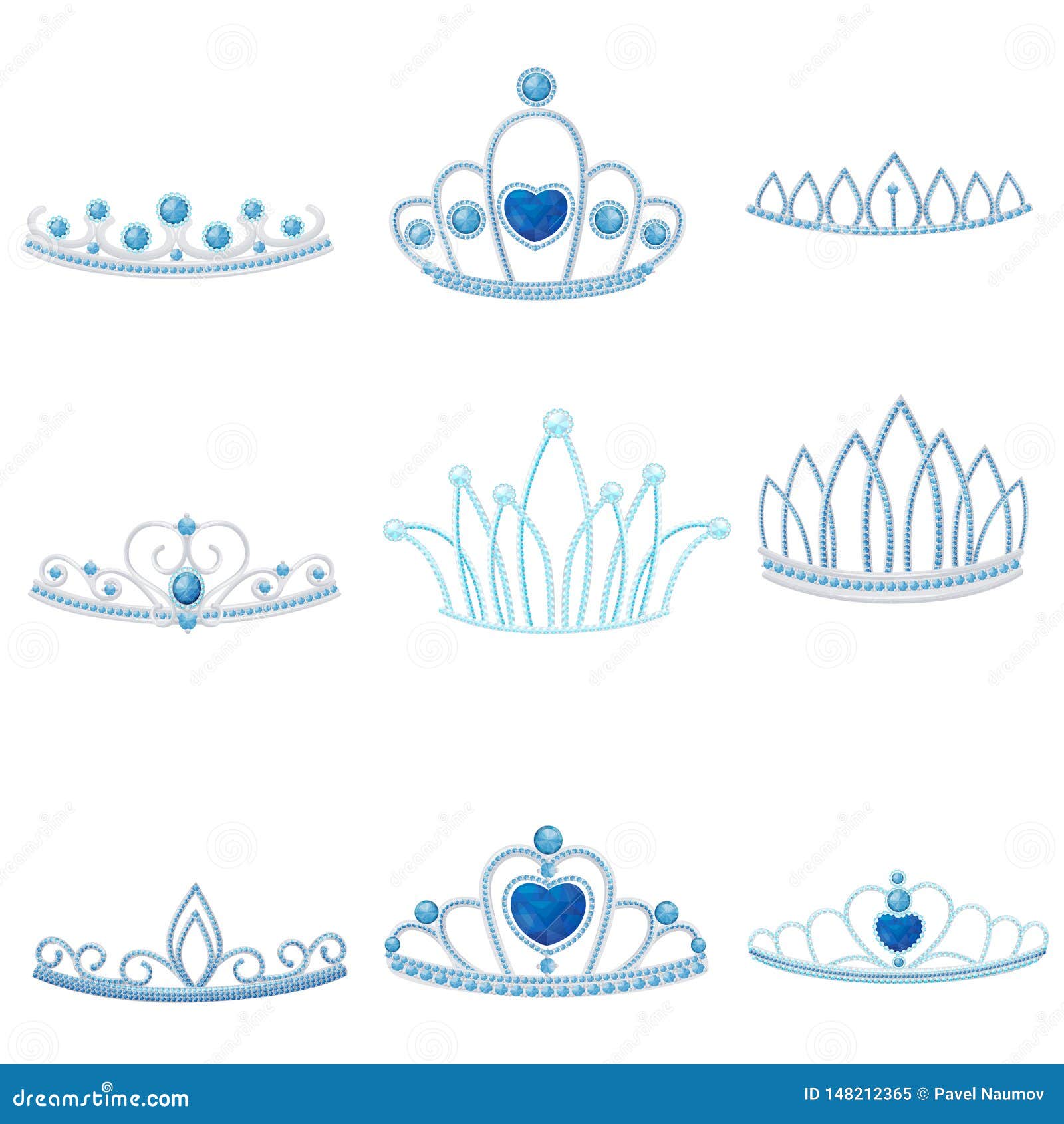 Set of Different Silver Crowns with Large and Small Jewel of Sapphires ...