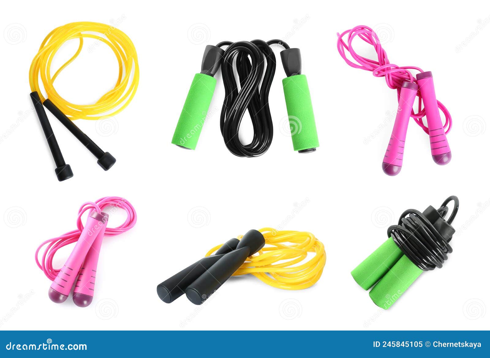 Set with Different Skipping Ropes on White Background Stock Image ...