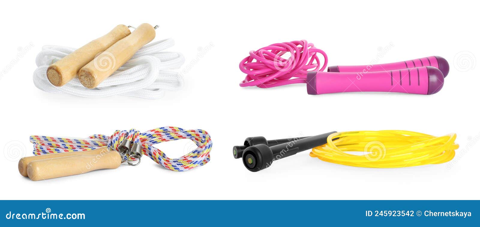 Set with Different Skipping Ropes on White Background. Banner Design ...