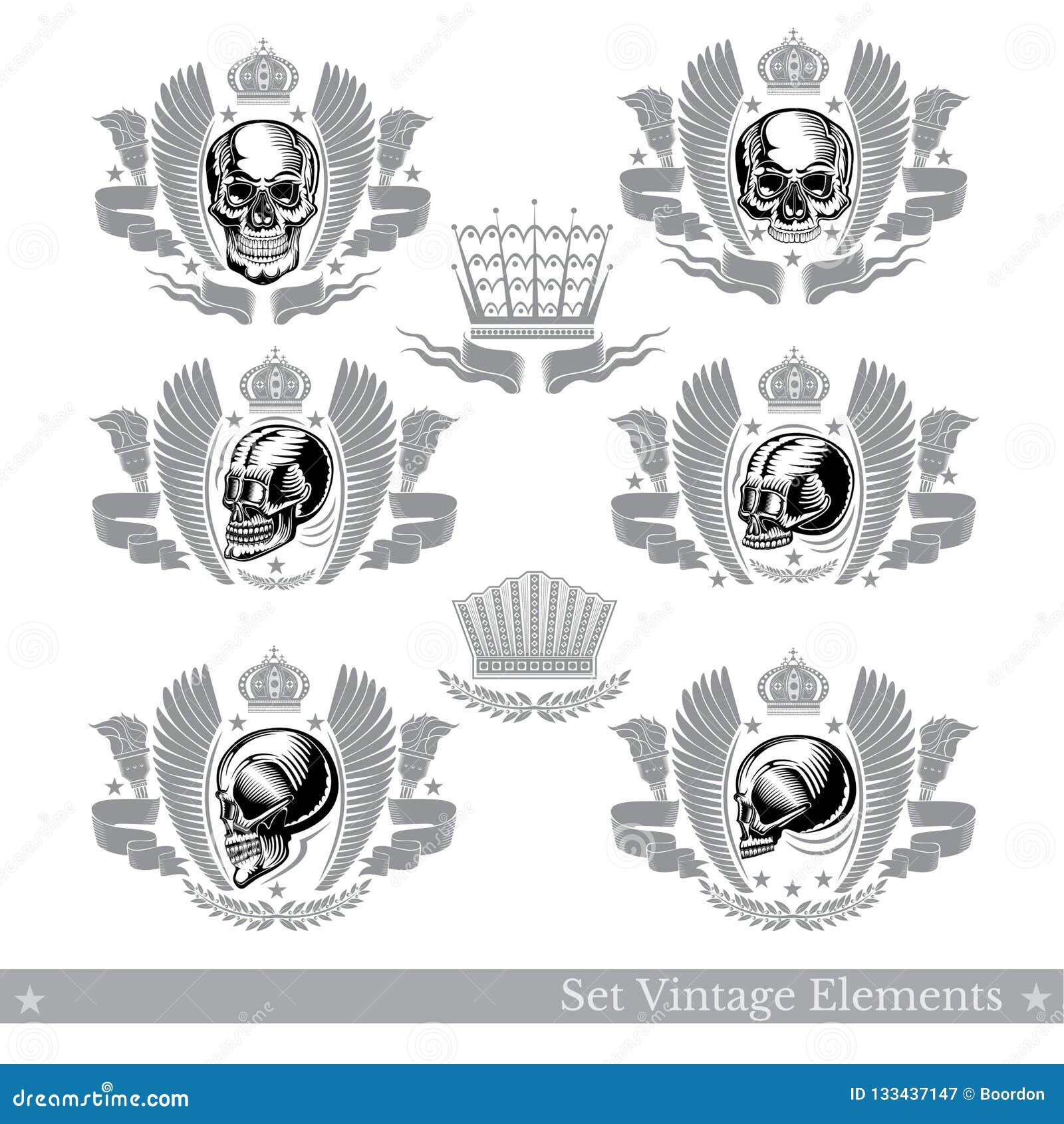 Set of Different Skulls with Wings Ribbons and Vintage Element. Vector ...
