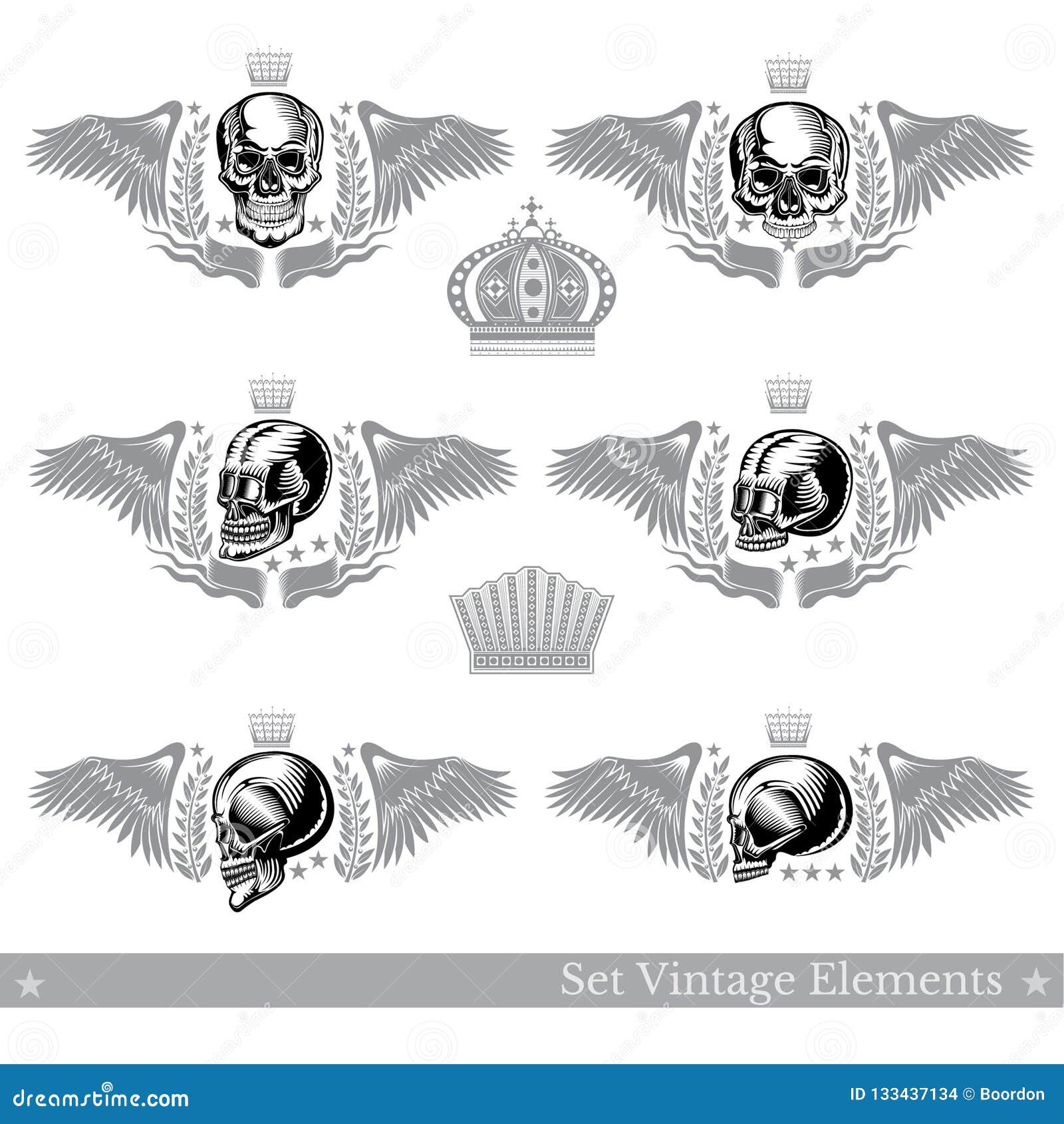 Set of Different Skulls with Wings, Wreath and Vintage Element. Vector ...