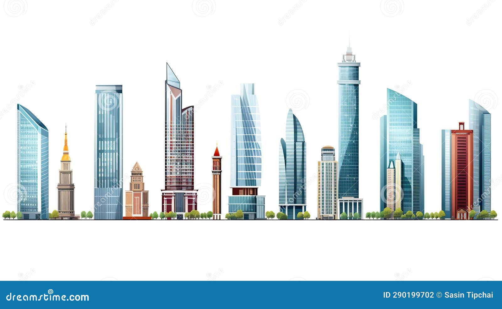 Skyscraper Buildings Line Icon. City Architecture With Tree Sign. Town ...