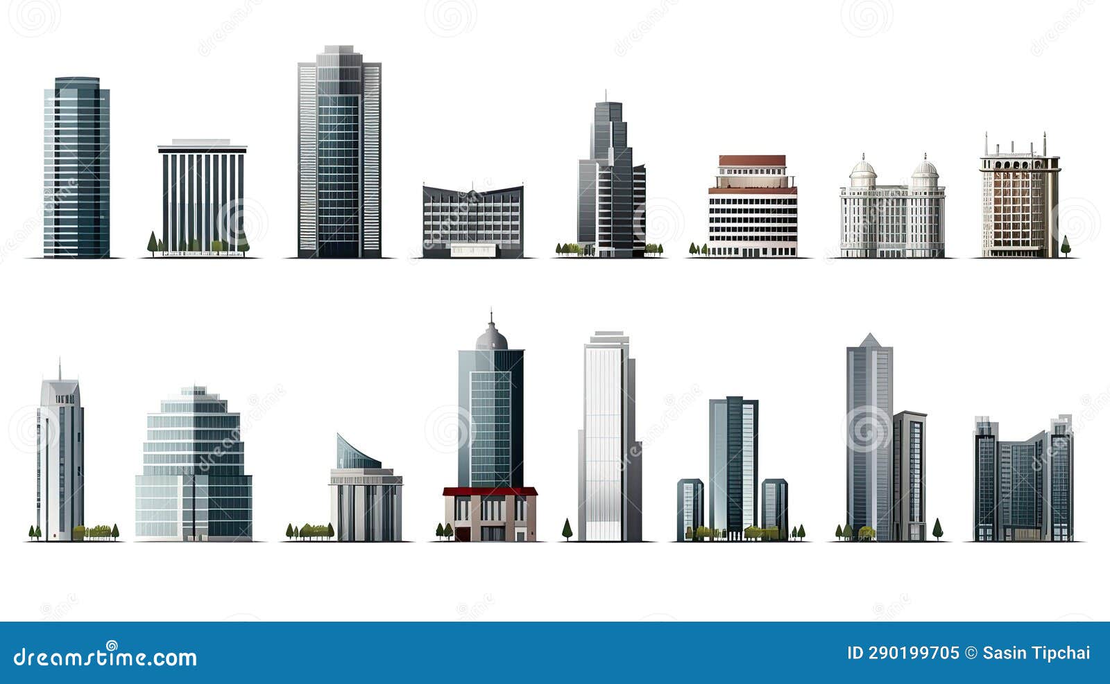 Set of Different Skyscraper Buildings Isolated on White Stock ...