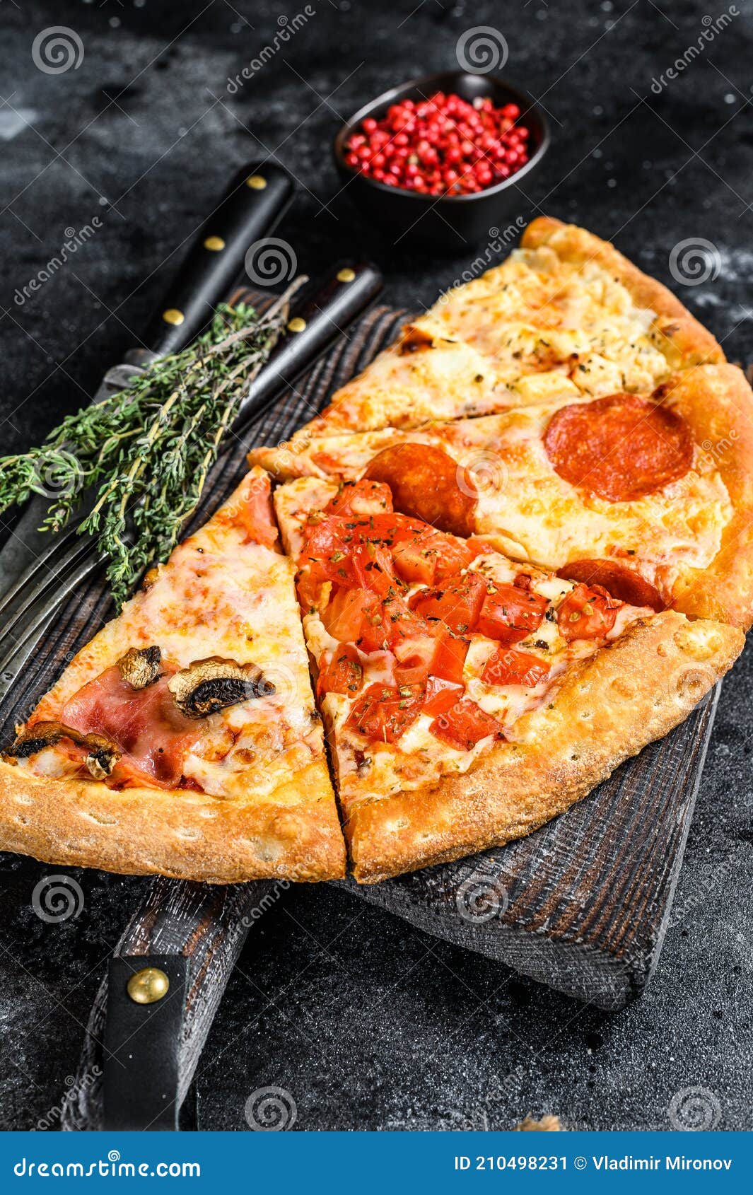 Set of Different Slices of Pizza. Black Background Stock Image - Image ...