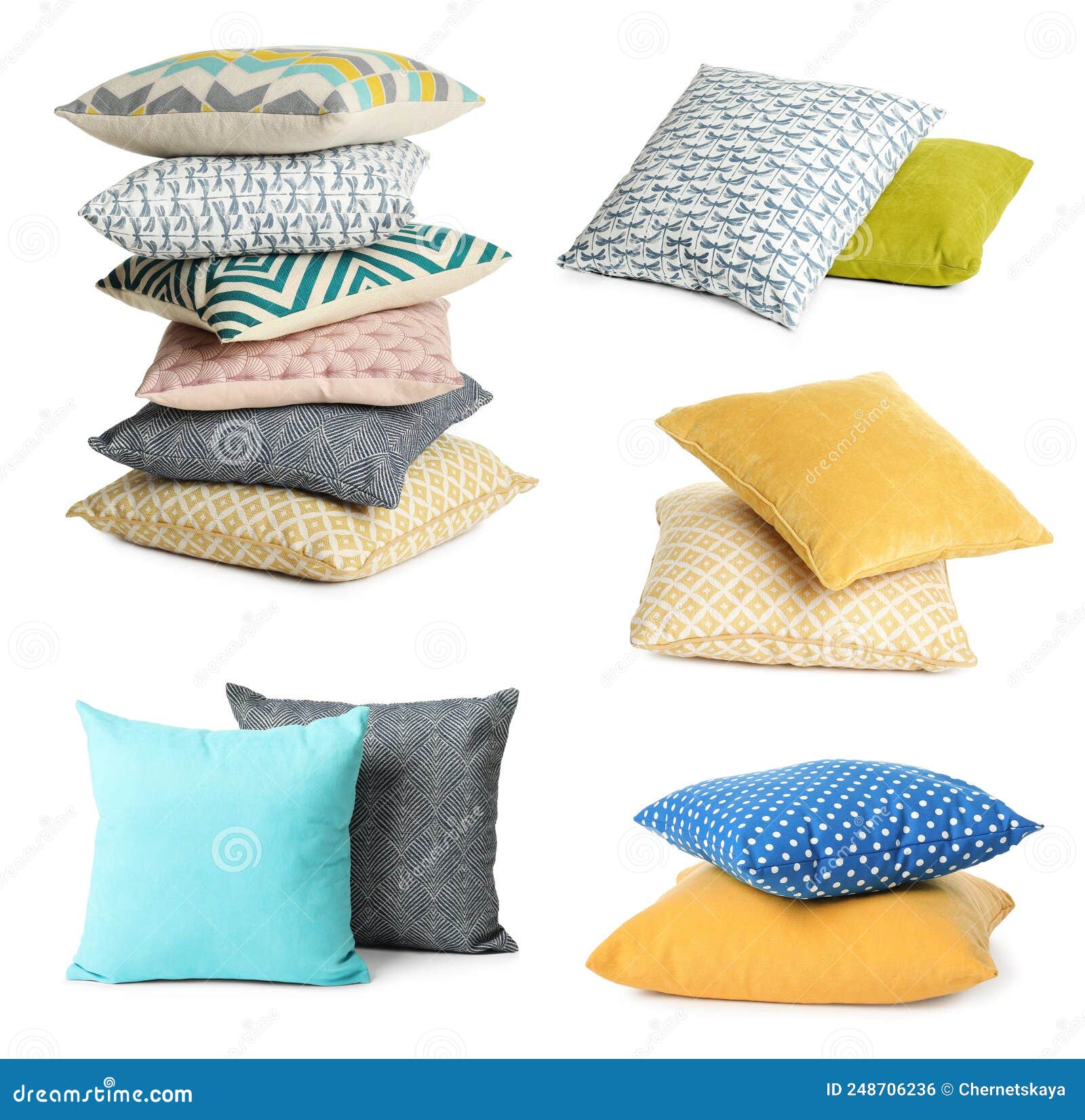 Set with Different Soft Pillows on White Background Stock Photo - Image ...