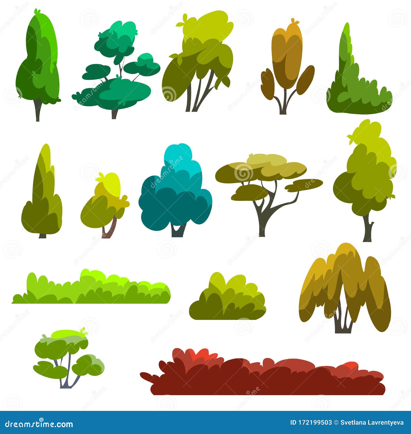 A Set Of Different Species Of Trees And Shrubs In A Flat Style. Vector ...