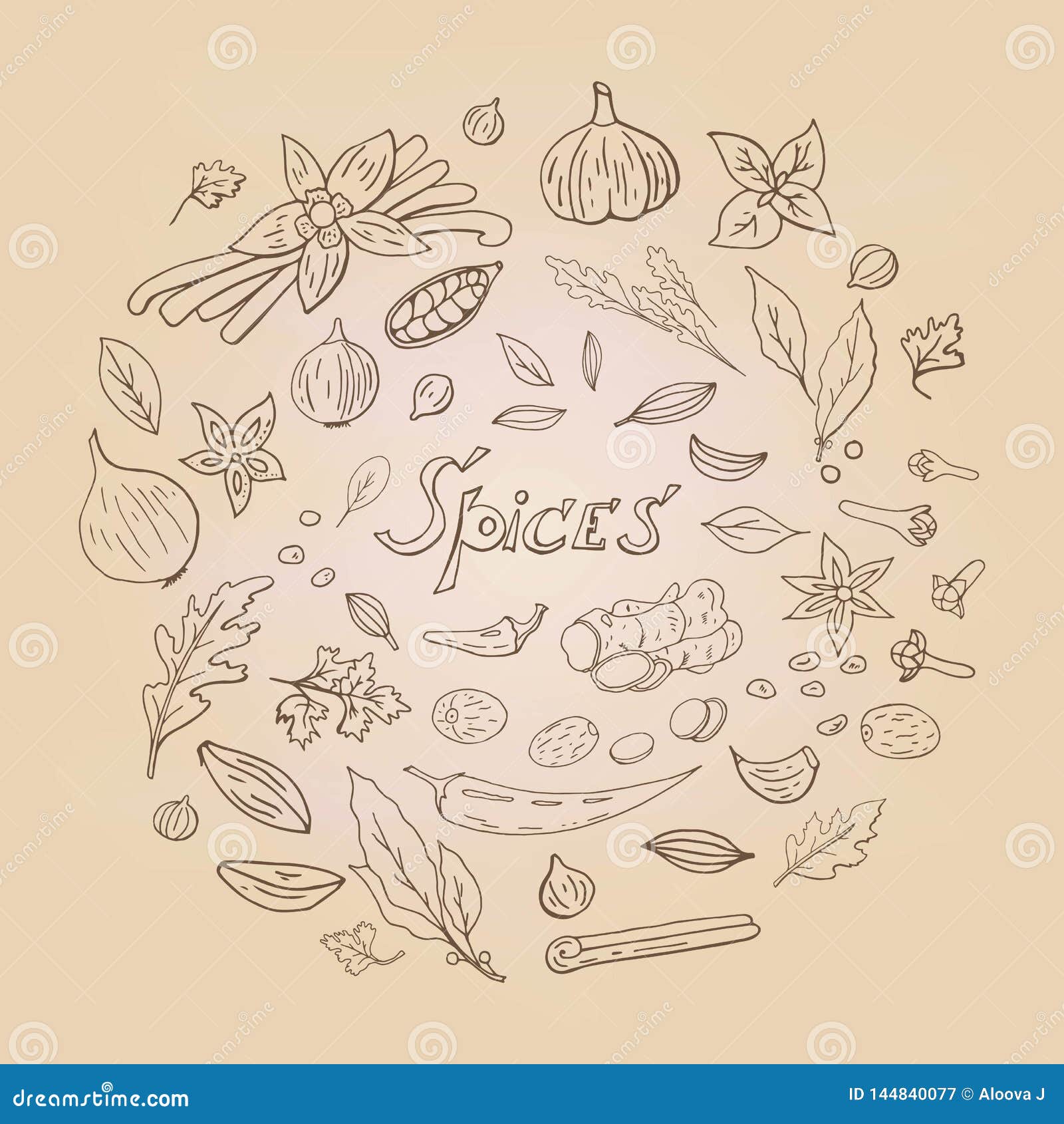 Set of Different Spices Elements in Circle Shape on Craft Background ...