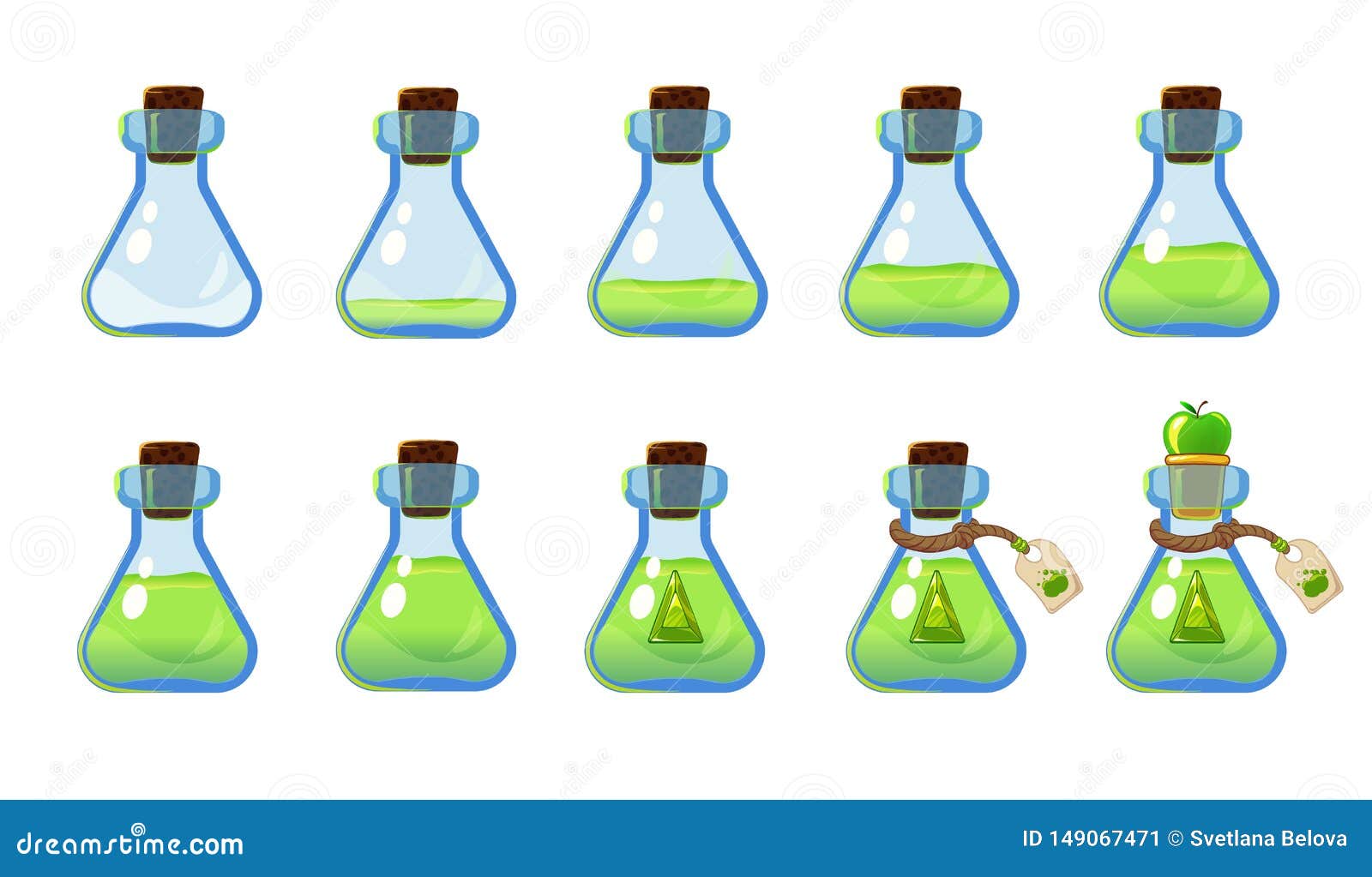 Set of Different States of Bottle with Green Elixir and Apple ...