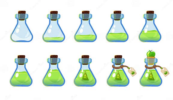 Set of Different States of Bottle with Green Elixir and Apple ...