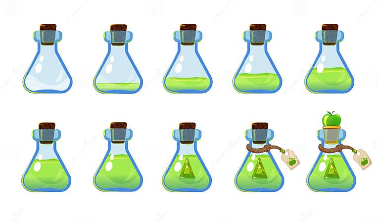 Set of Different States of Bottle with Green Elixir and Apple ...