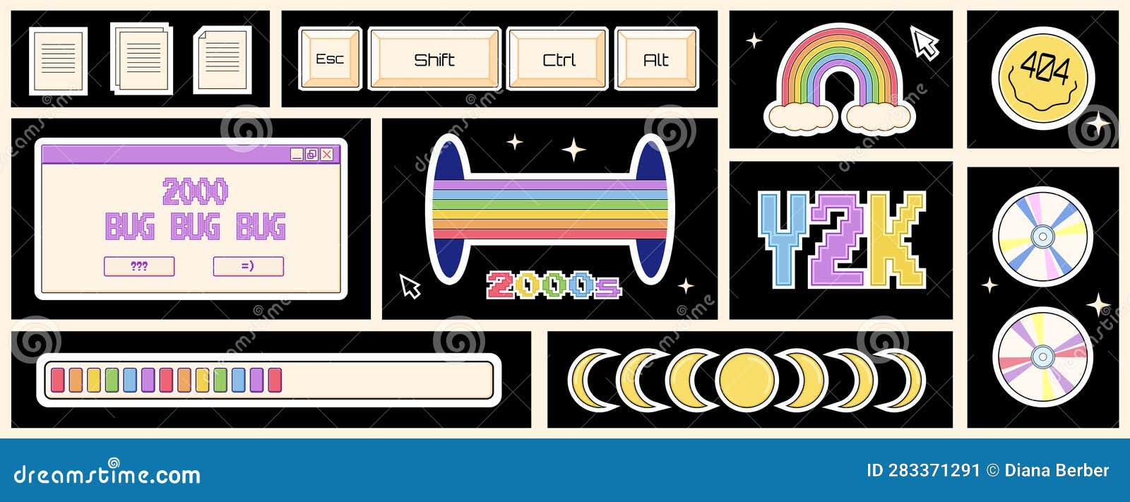 Set of Different Stickers, Open Computer Windows, Buttons in 2000s ...