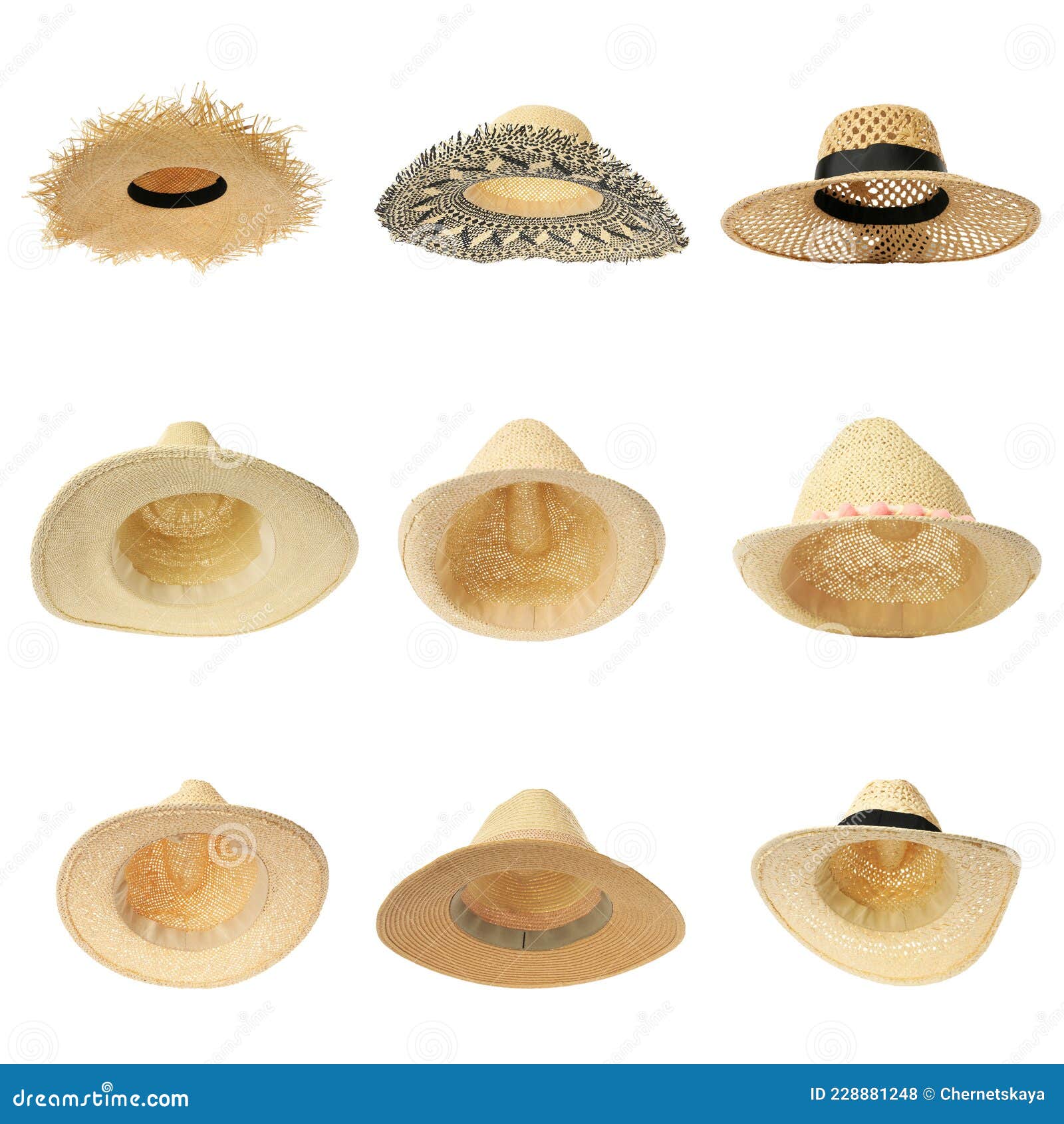 Set with Different Straw Hats on White Background. Stylish Headdress ...