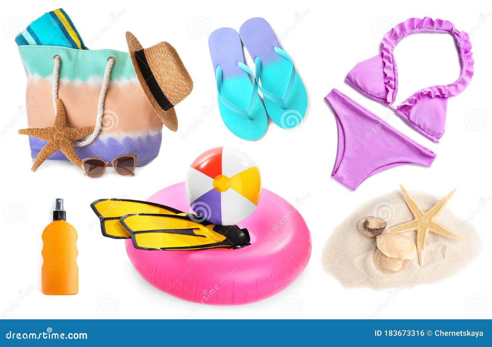 Set of Different Stylish Beach Objects on Background Stock Photo ...