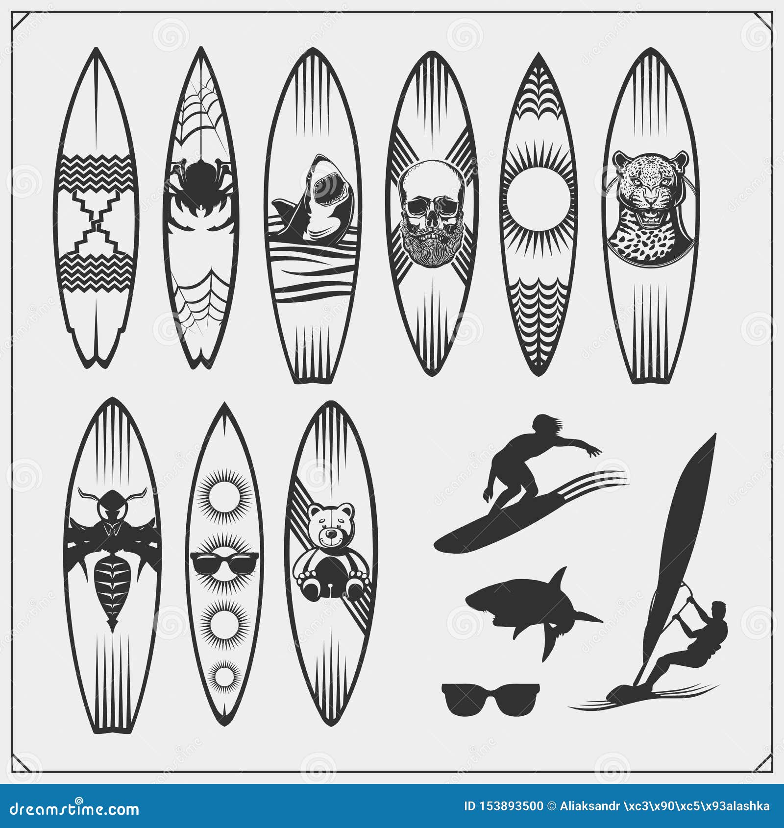 Set of Different Surfboards. Vector Illustration. Surfing Emblems ...
