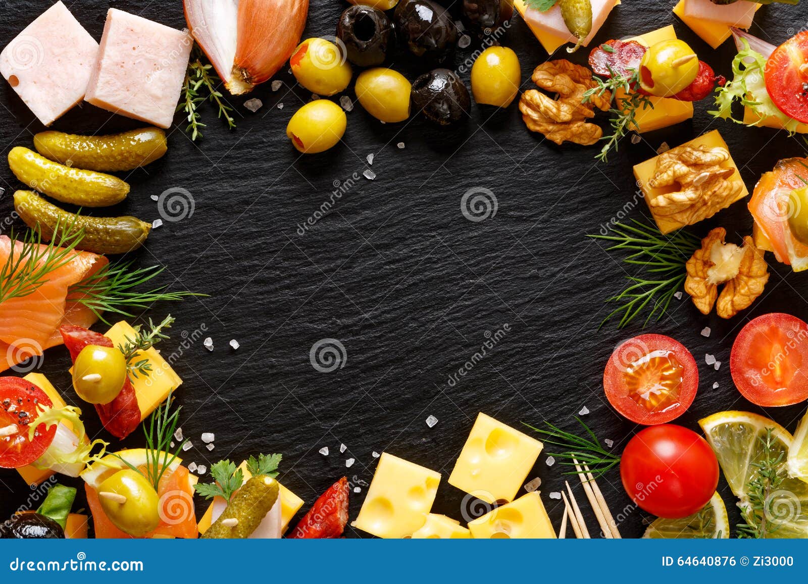 Set of Different Tasty Appetizers, Snacks and Ingredients on a Black ...