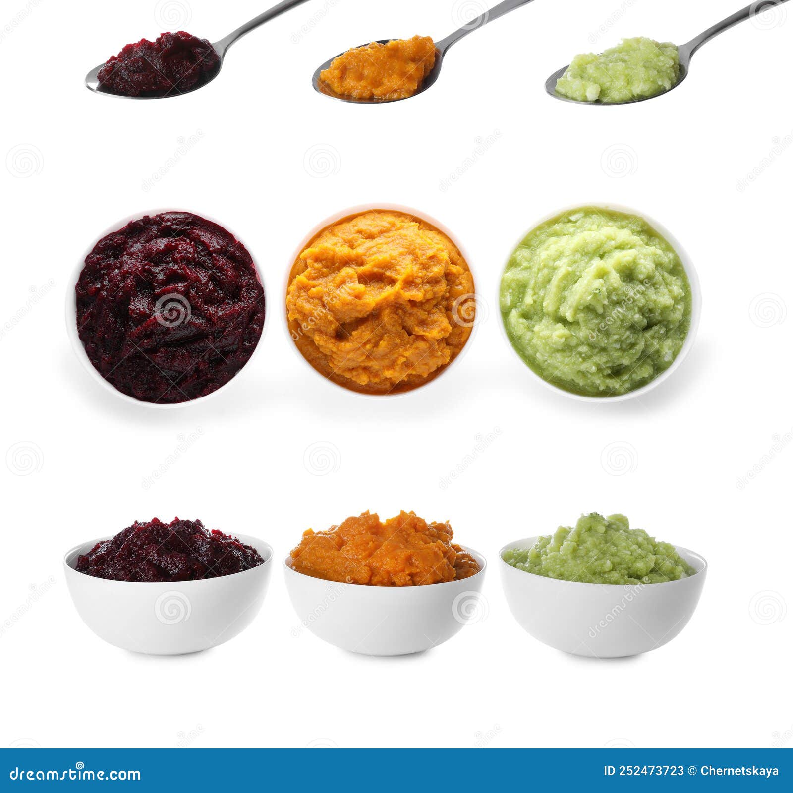 Set with Different Tasty Vegetable Puree on White Background Stock ...