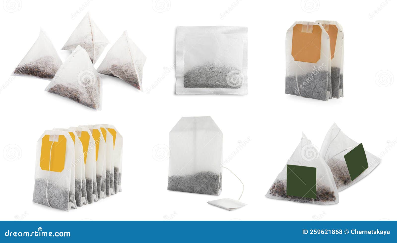 Set with Different Tea Bags on White Background Stock Photo - Image of ...