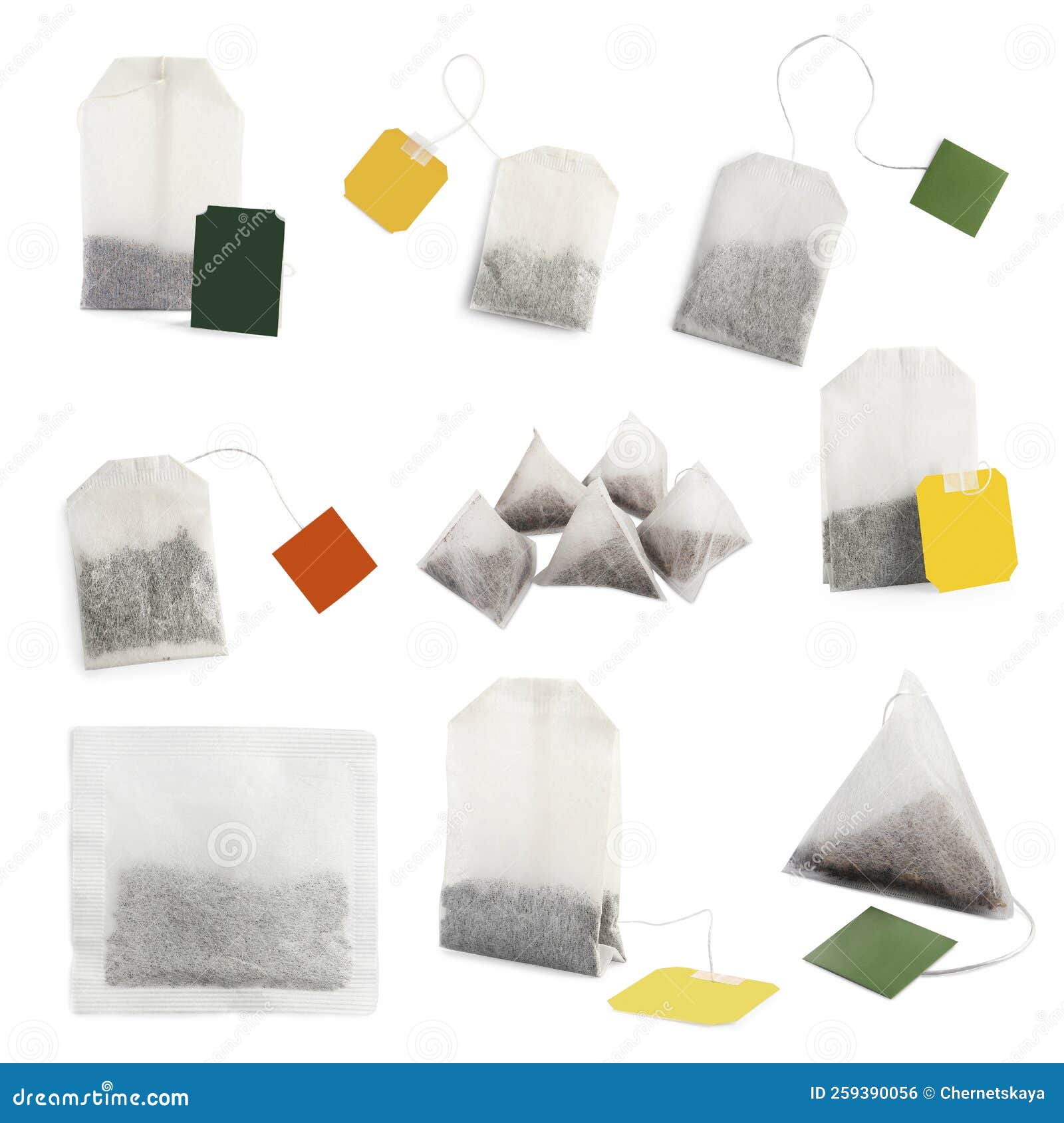 Set with Different Tea Bags on White Background Stock Photo - Image of ...