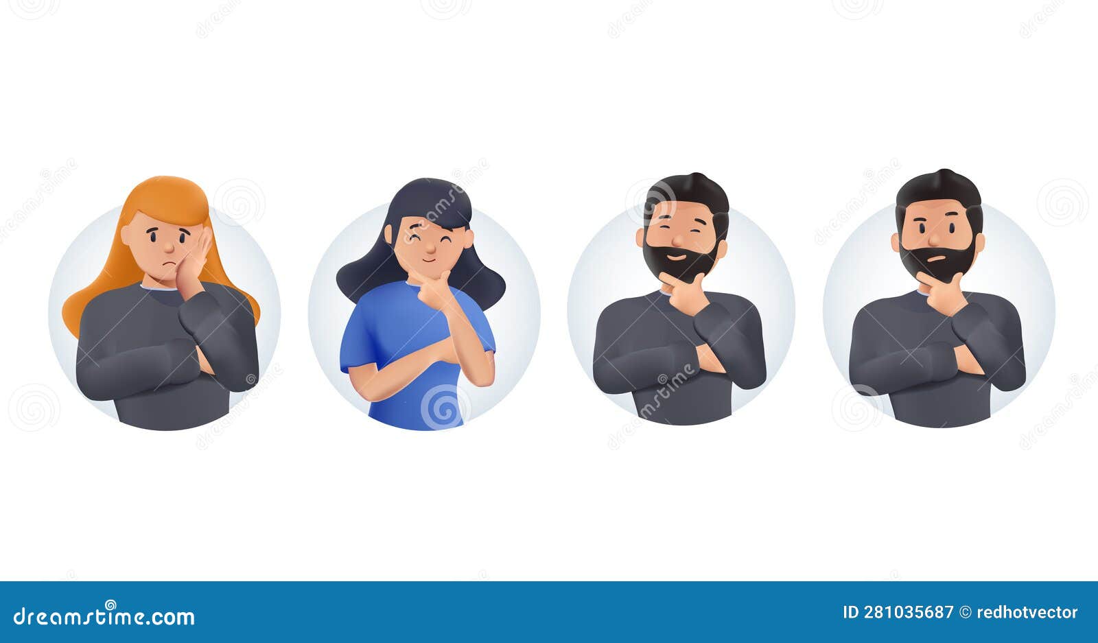 Set Of Different Thoughtful People 3d Vector Illustration Collection
