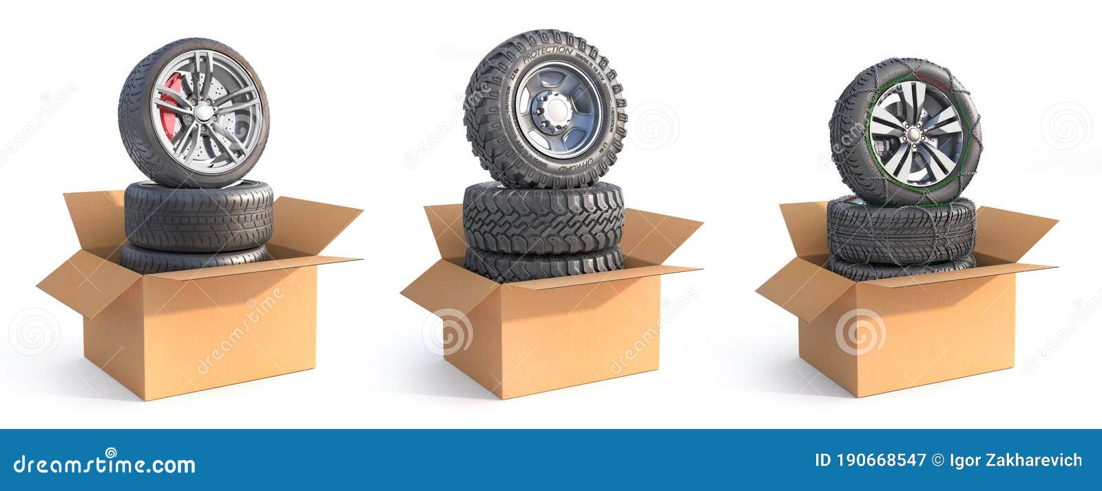 Set of Different Tires in the Cardboard Boxes on a White Background ...