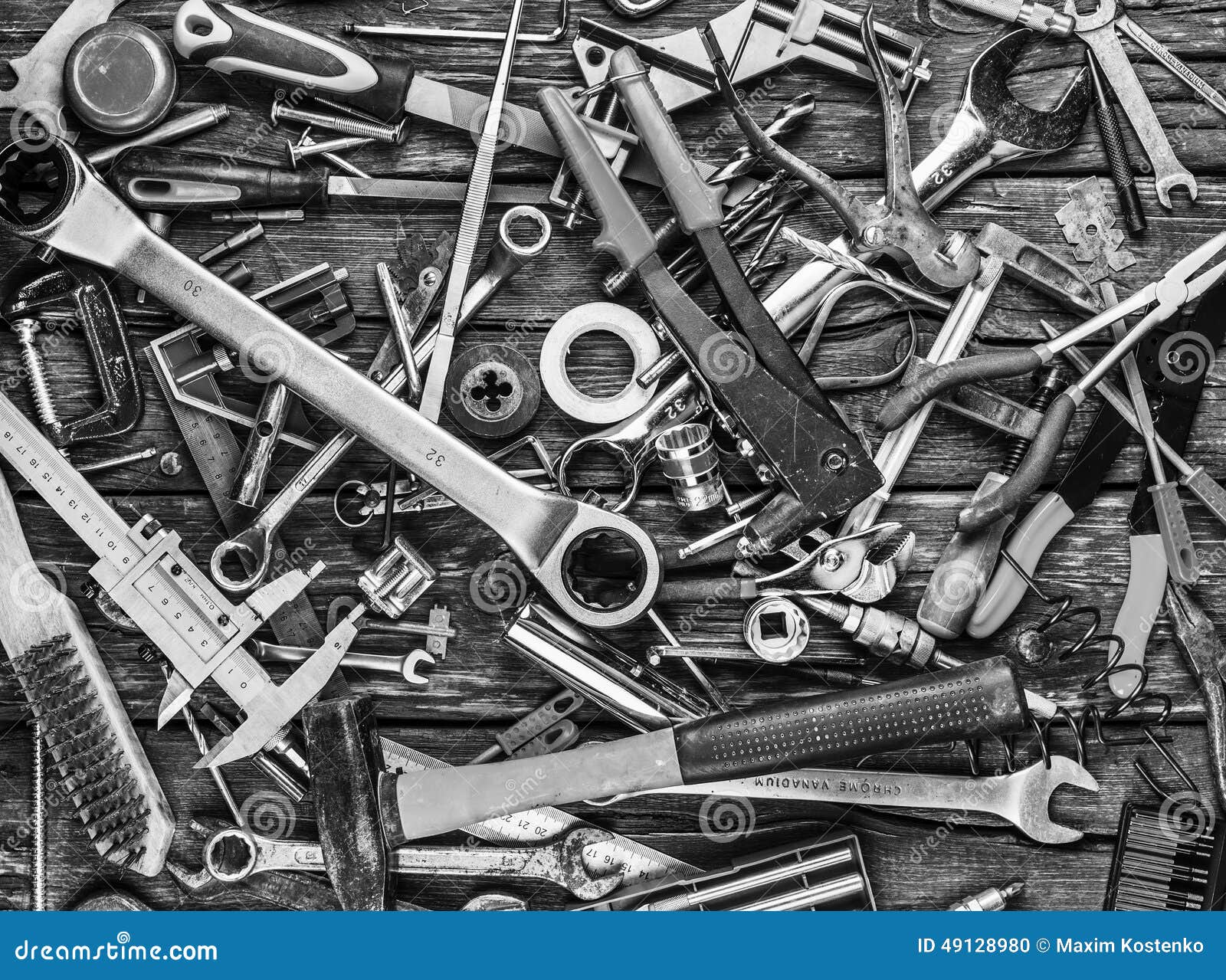 Set of Different Tools on Wooden Background Stock Photo - Image of ...