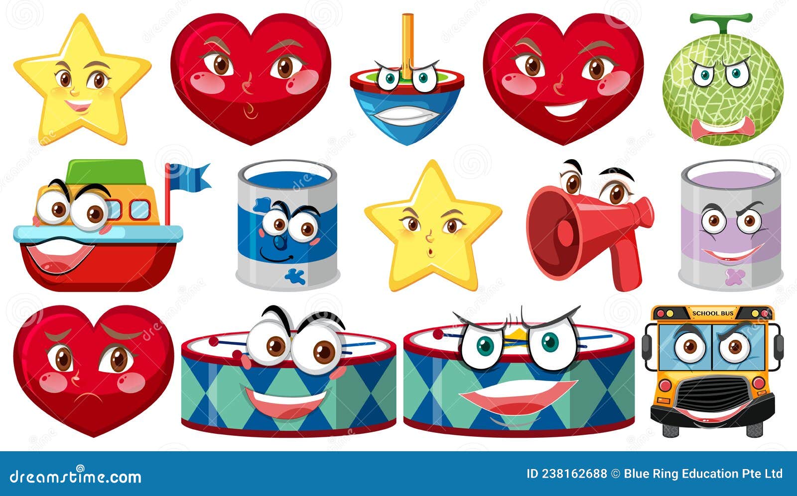 Set of Different Toy Objects with Smiley Faces Stock Vector ...