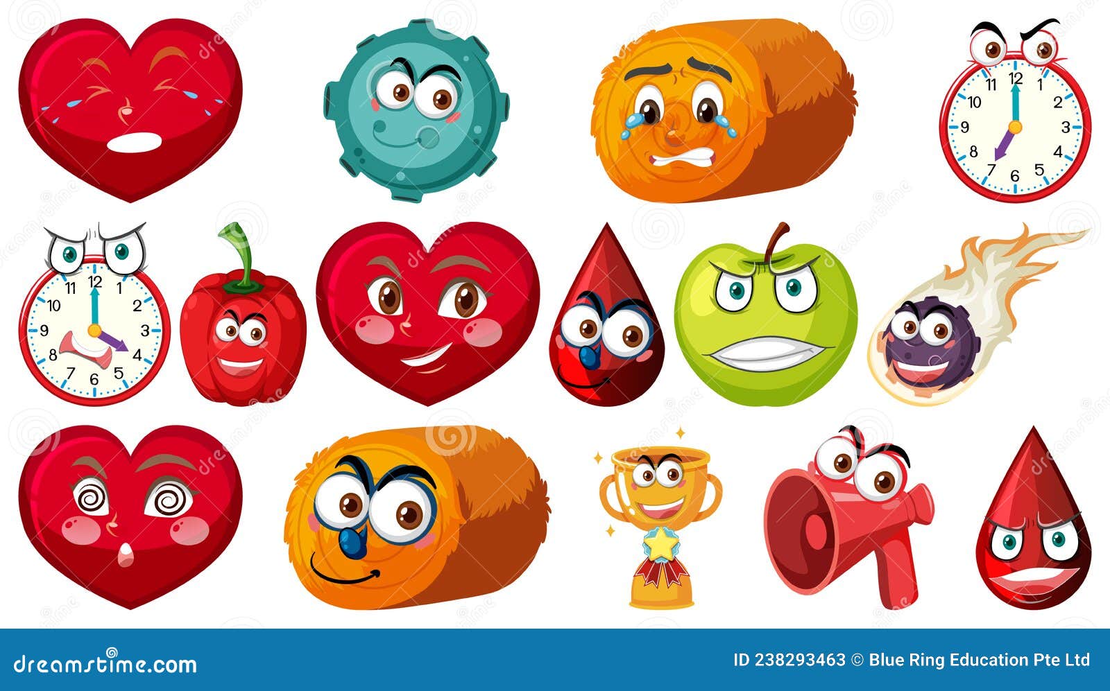 Set of Different Toy Objects with Smiley Faces Stock Vector ...