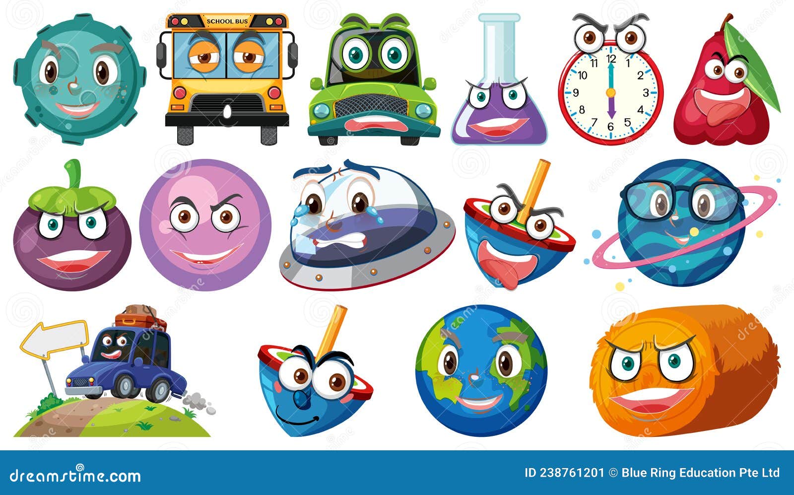 Set of Different Toy Objects with Smiley Faces Stock Vector ...