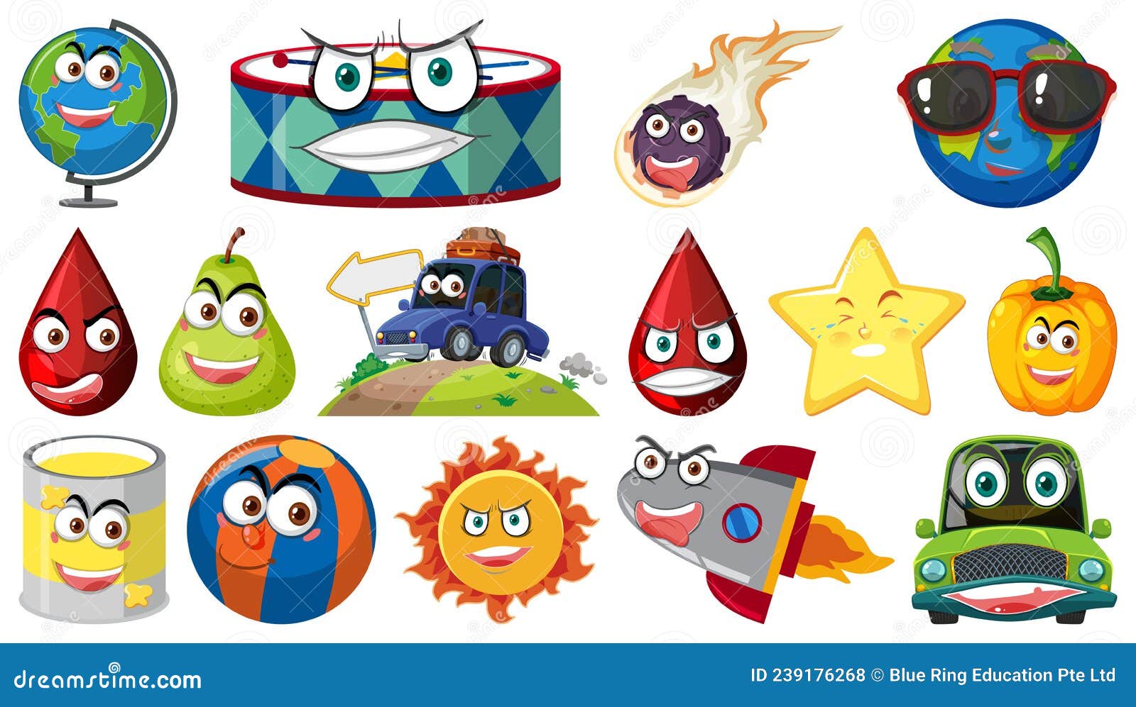 Set of Different Toy Objects with Smiley Faces Stock Vector ...