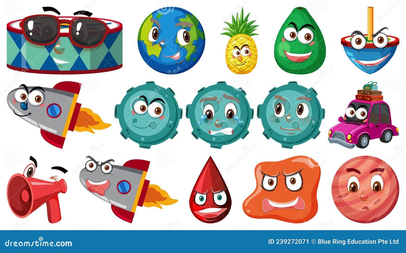 Set of Different Toy Objects with Smiley Faces Stock Vector ...