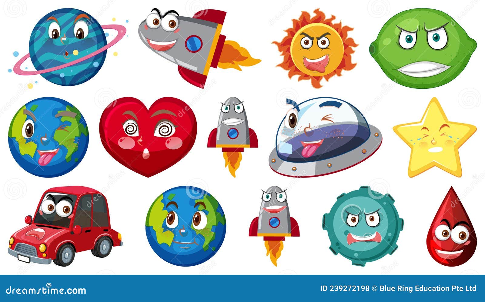 Set of Different Toy Objects with Smiley Faces Stock Vector ...