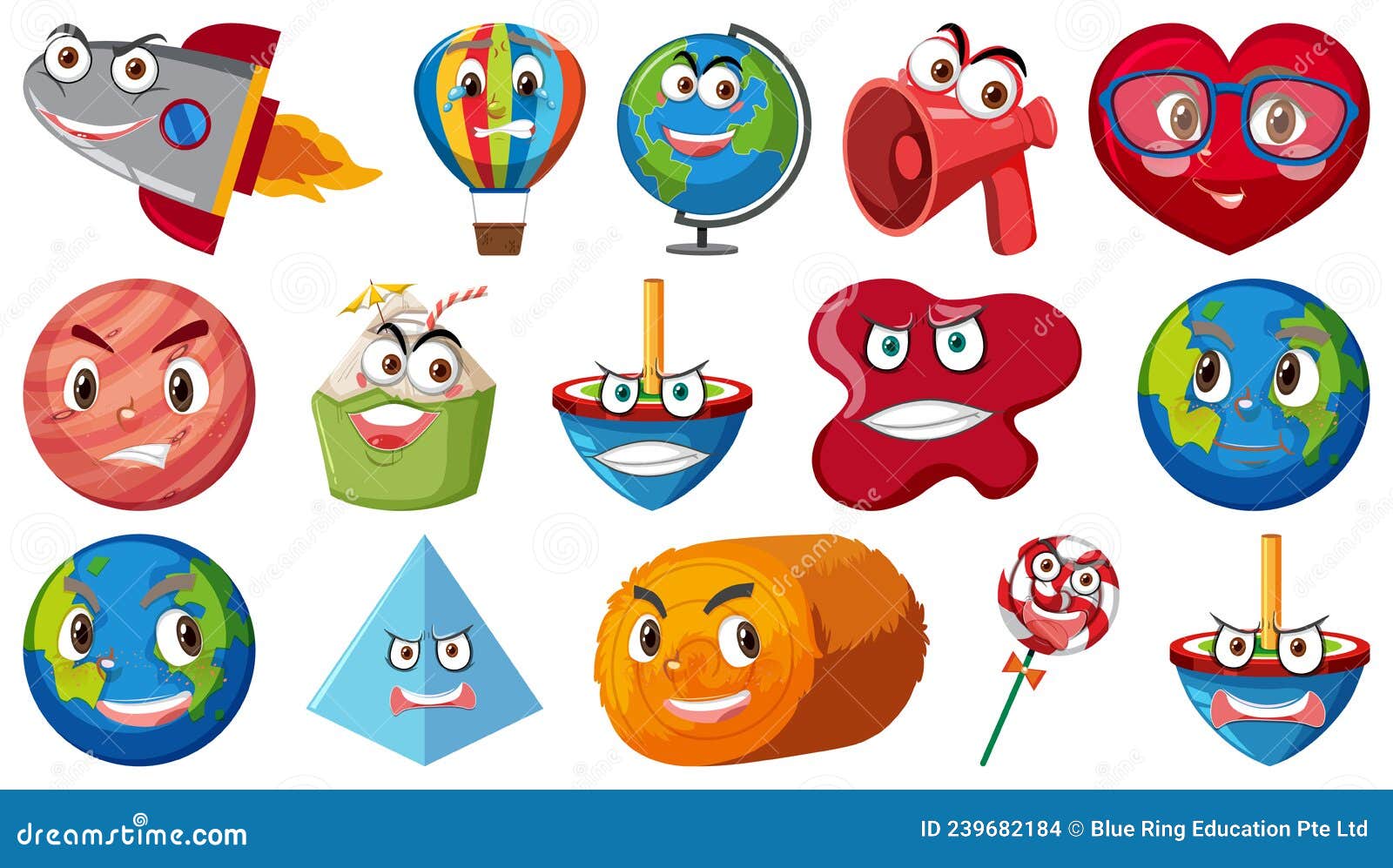 Set of Different Toy Objects with Smiley Faces Stock Vector ...