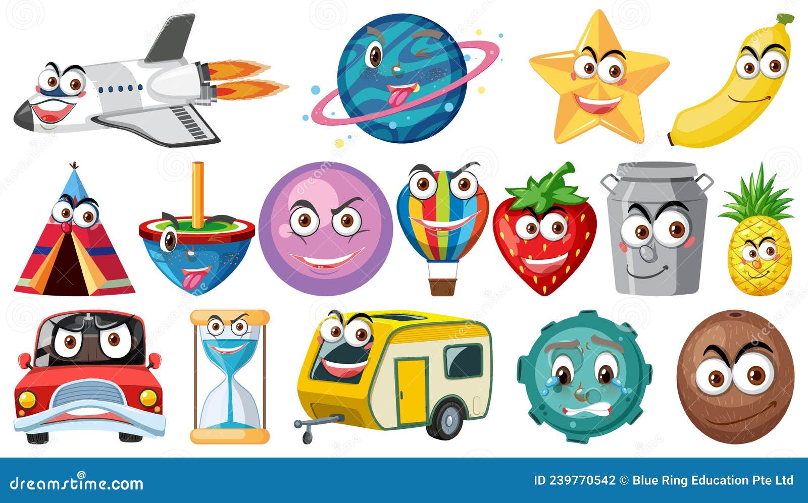 Set of Different Toy Objects with Smiley Faces Stock Vector ...