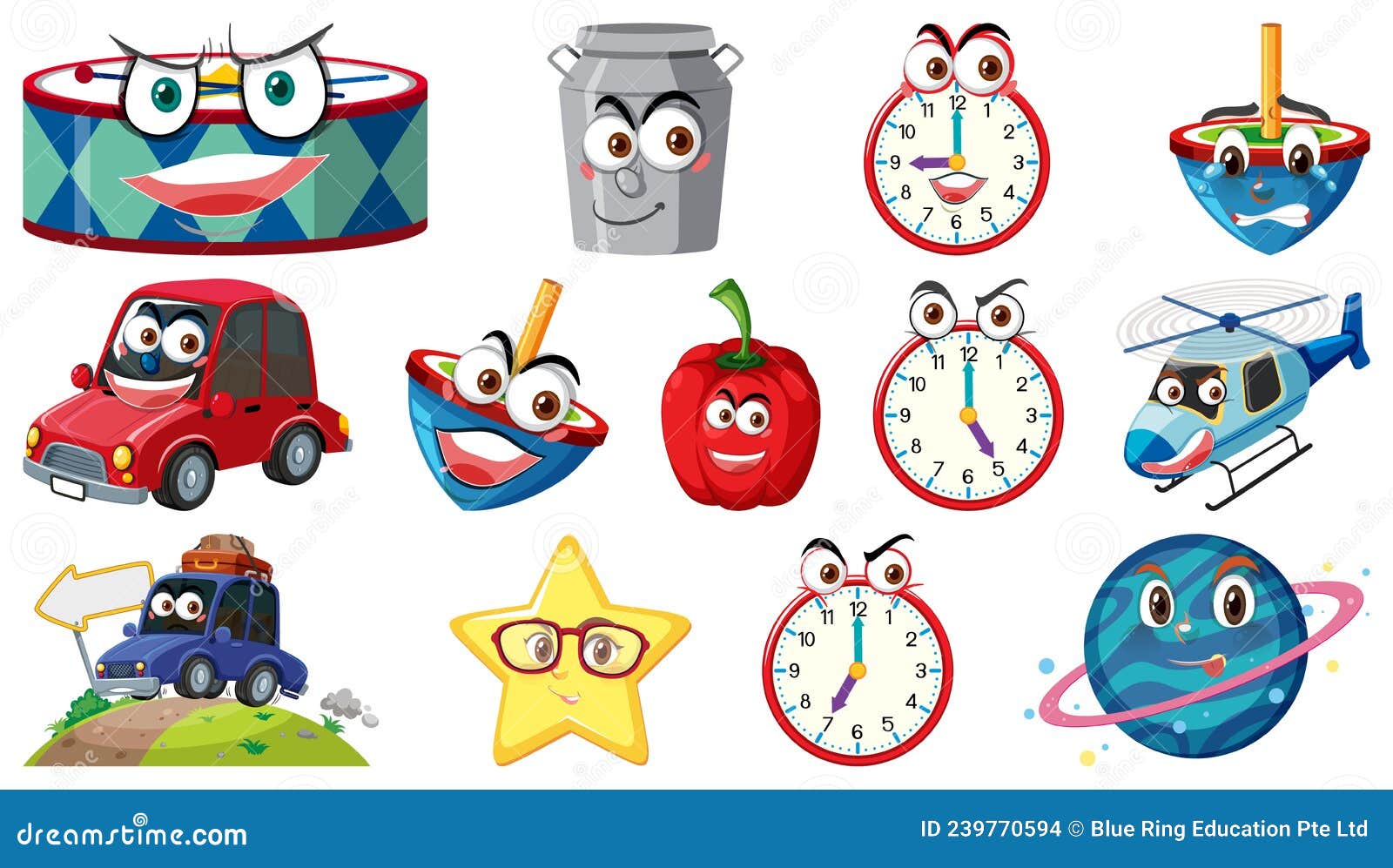 Set of Different Toy Objects with Smiley Faces Stock Vector ...