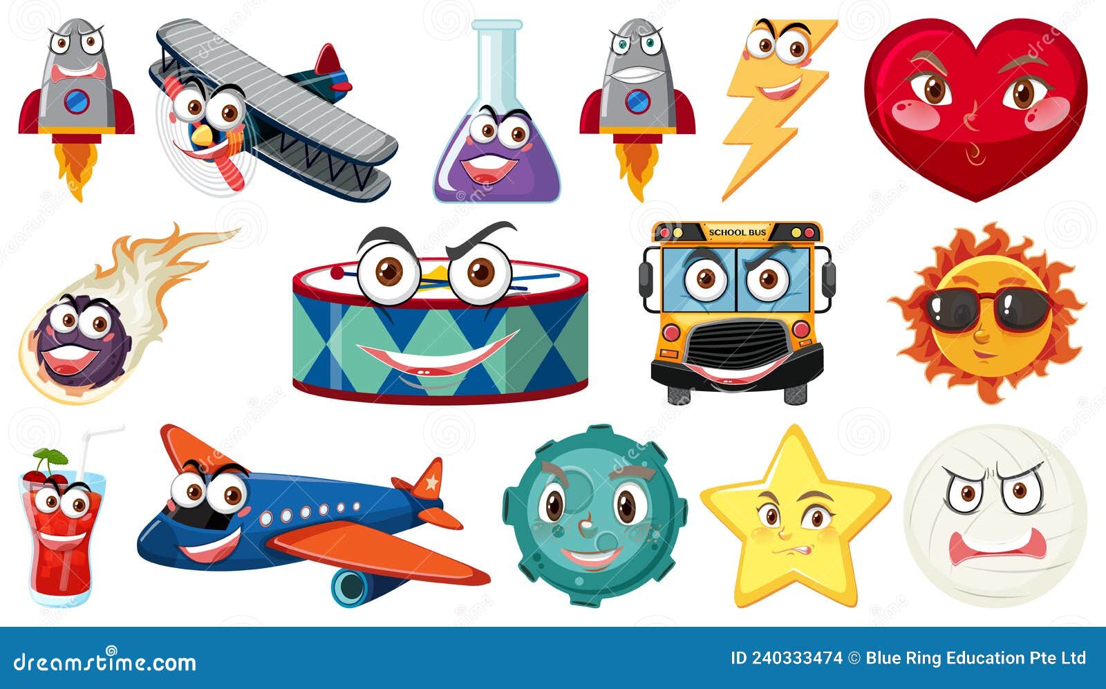 Set of Different Toy Objects with Smiley Faces Stock Vector ...