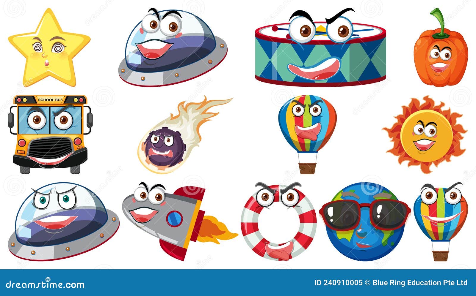 Set of Different Toy Objects with Smiley Faces Stock Vector ...