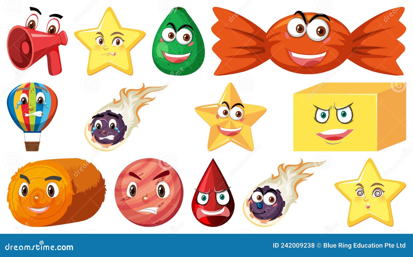 Set of Different Toy Objects with Smiley Faces Stock Vector ...