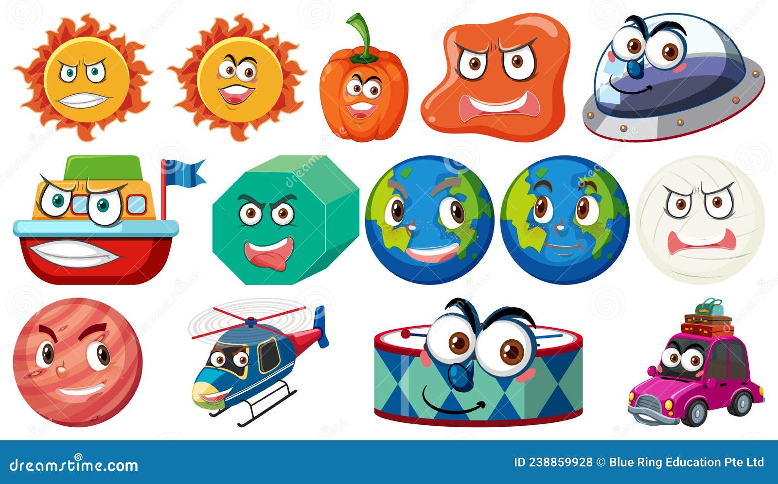 Set of Different Toy Objects with Smiley Faces Stock Vector ...