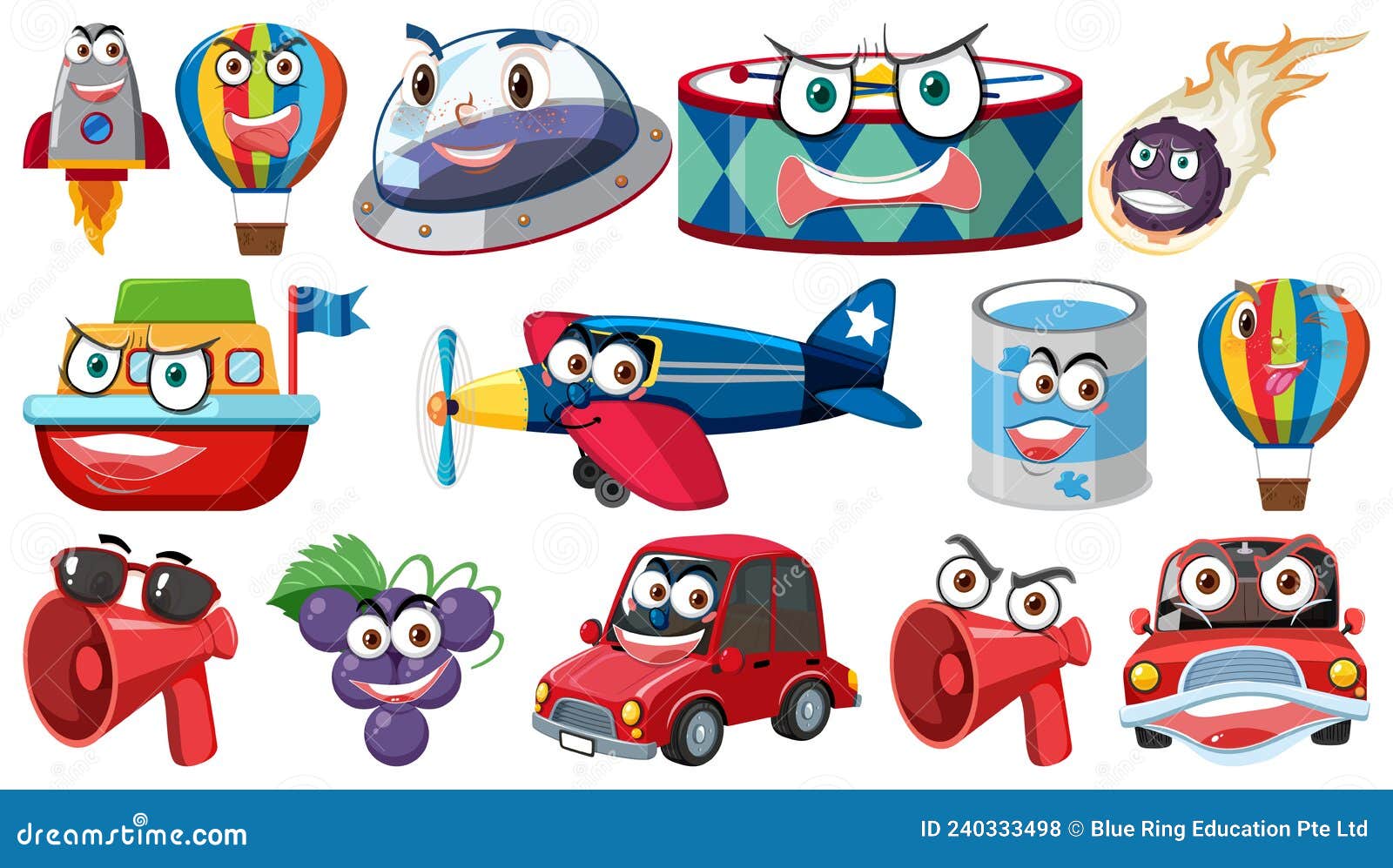 Set of Different Toy Objects with Smiley Faces Stock Vector ...