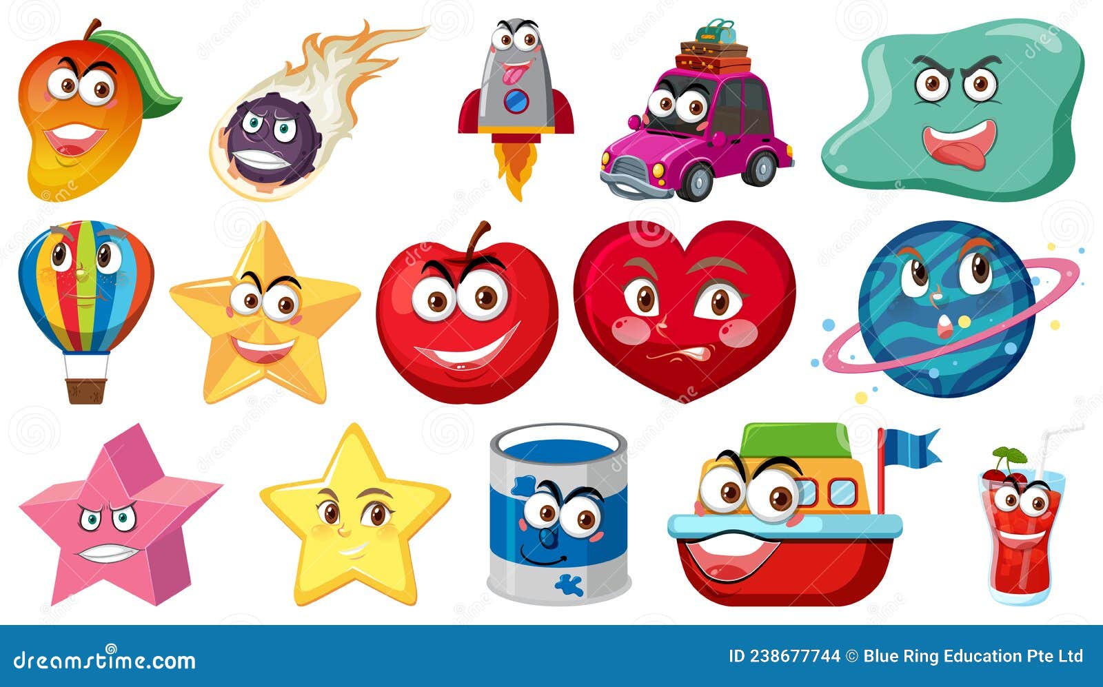 Set of Different Toy Objects with Smiley Faces Stock Vector ...