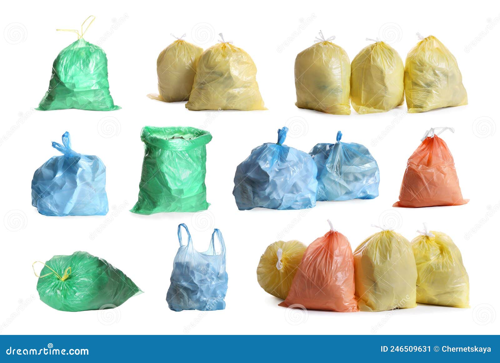 Set with Different Trash Bags Full of Garbage on White Background Stock ...