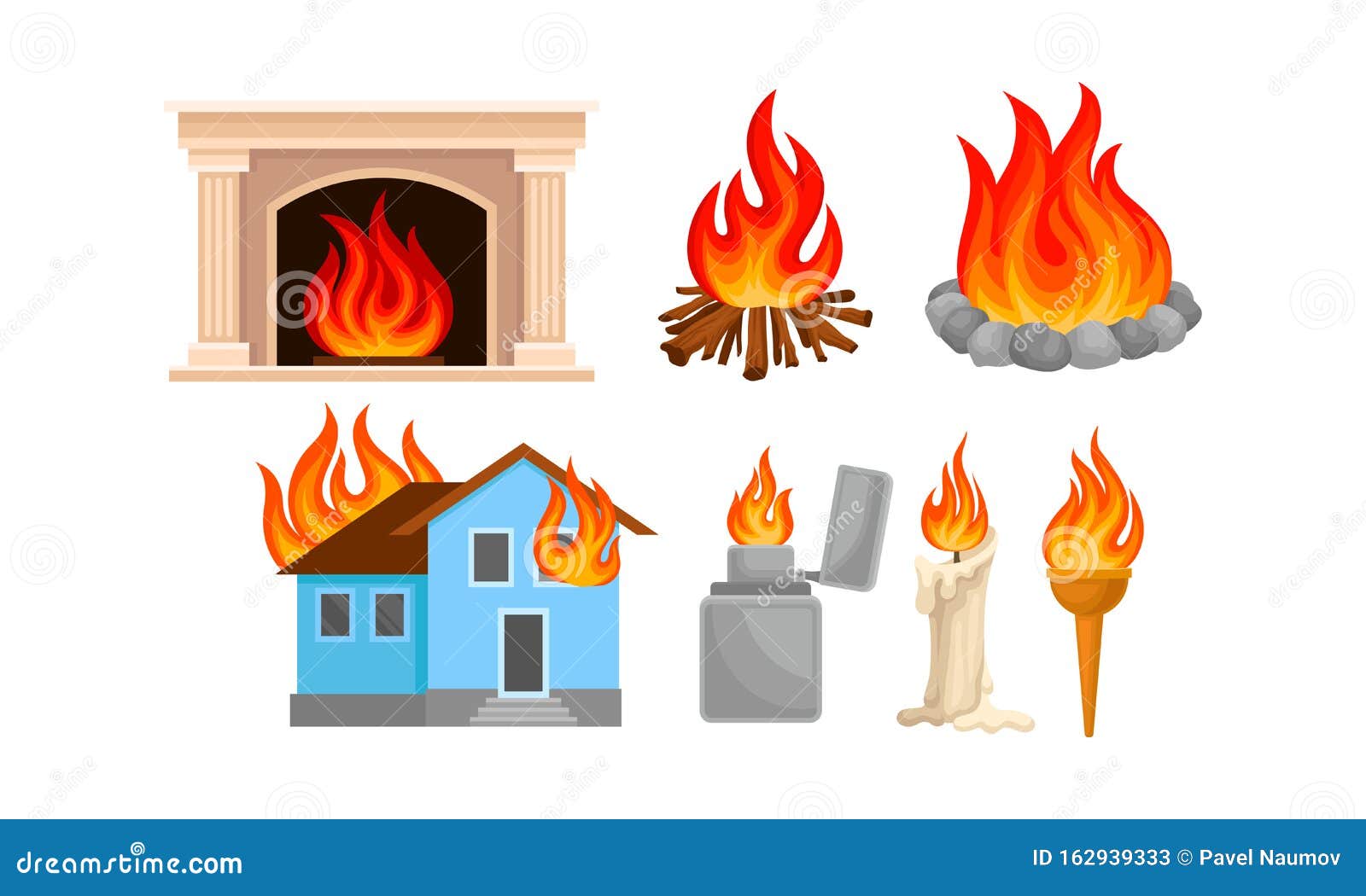 Set of Different Types of Bonfires and Fires. Vector Illustration on a ...