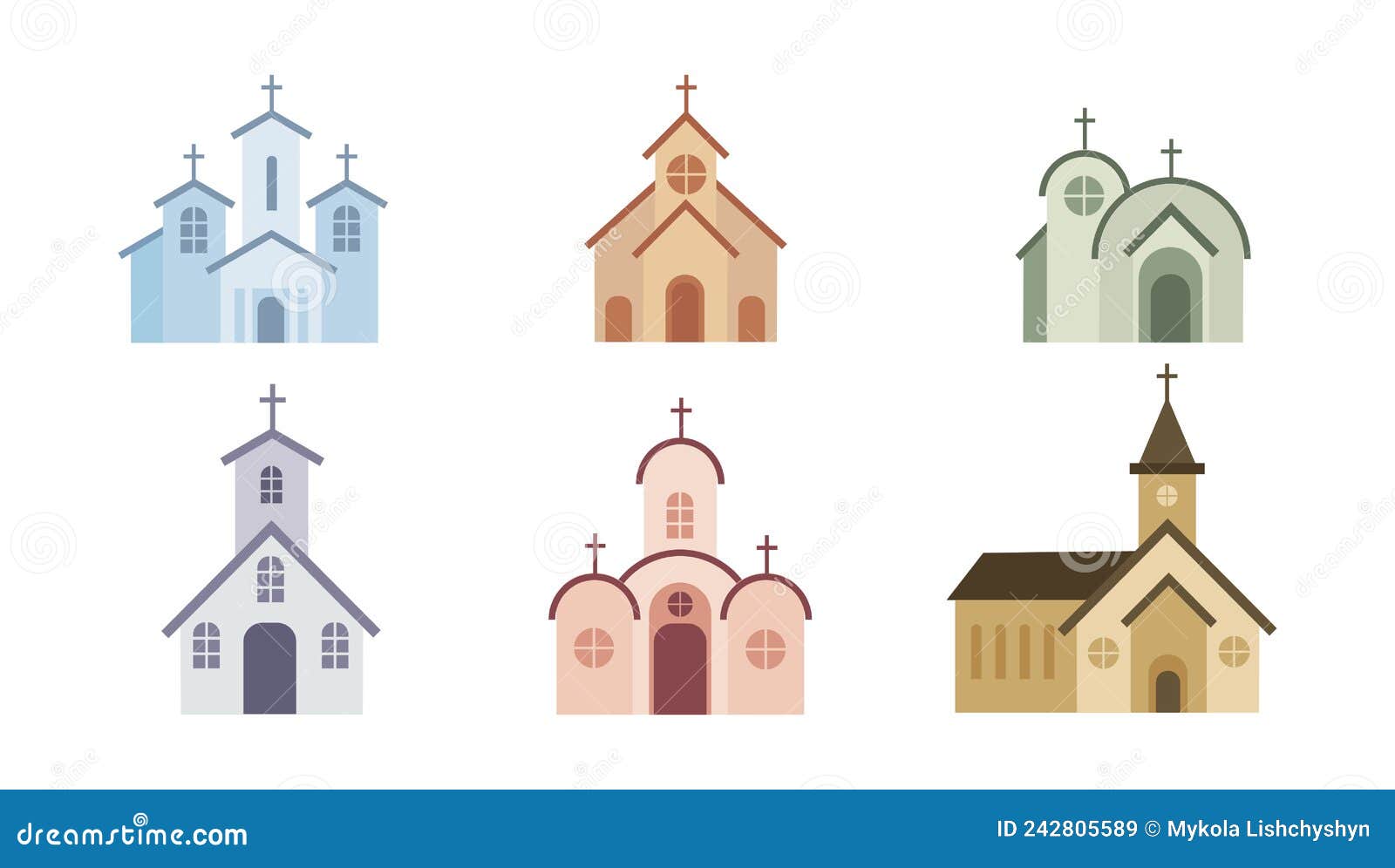 Set of Different Types of Catholic Churchs White Background. Vector ...
