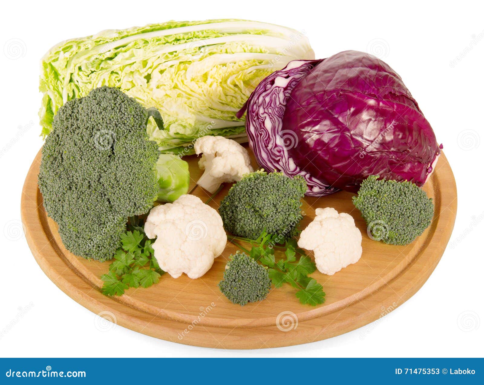 Set Different Types Fresh Cabbage on Round Wooden Board. Stock Image ...