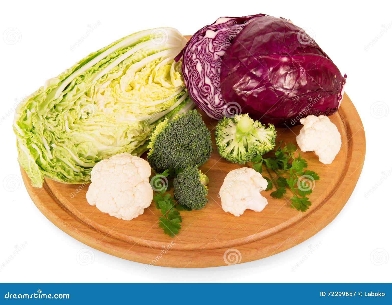 Set Different Types Fresh Cabbage on Round Wooden Board, Isolated ...